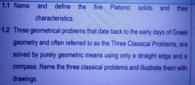 Solved 1.1 Name and define the five Platonic solids and | Chegg.com