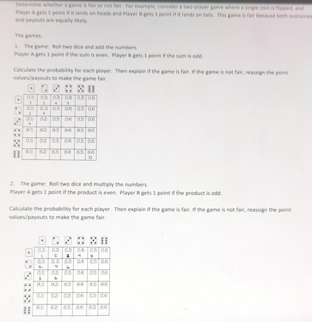 Solved Determine whether a game is fair or not fair. For | Chegg.com