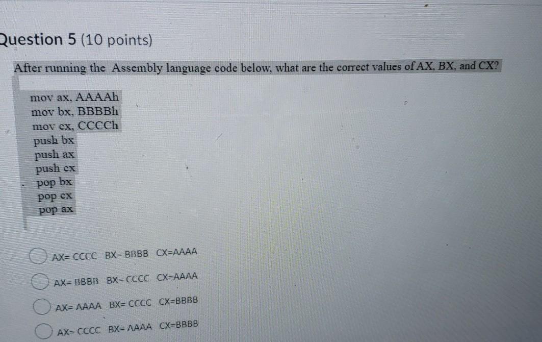 Solved Question 5 (10 points) After running the Assembly | Chegg.com