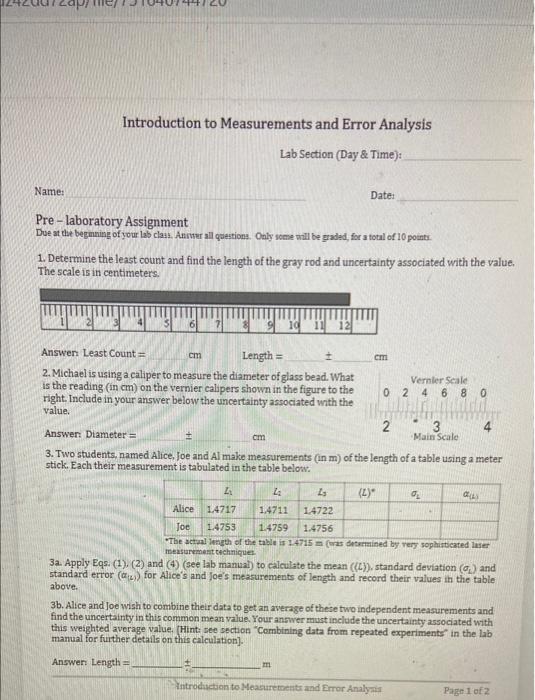 Introduction to Measurements and Error Analysis Lab | Chegg.com