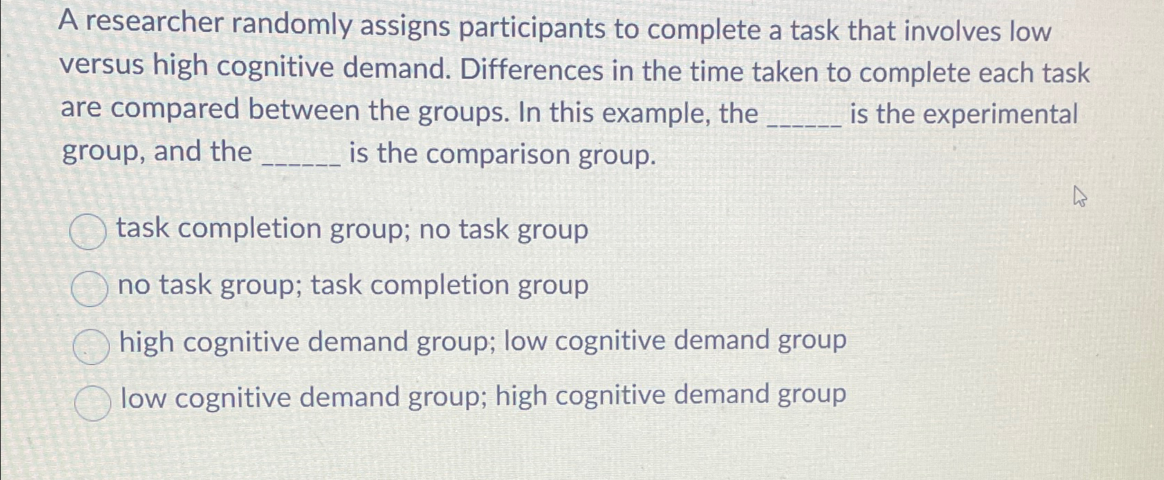 Solved A researcher randomly assigns participants to | Chegg.com