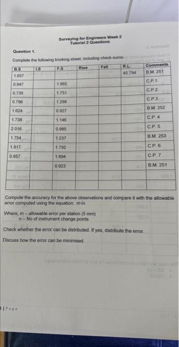 Solved Surveying for Engineers Week 2. Tutorial 2 Question | Chegg.com