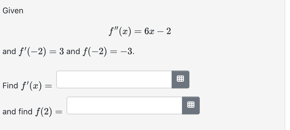 Solved Givenf''(x)=6x-2and f'(-2)=3 ﻿and f(-2)=-3.Find | Chegg.com