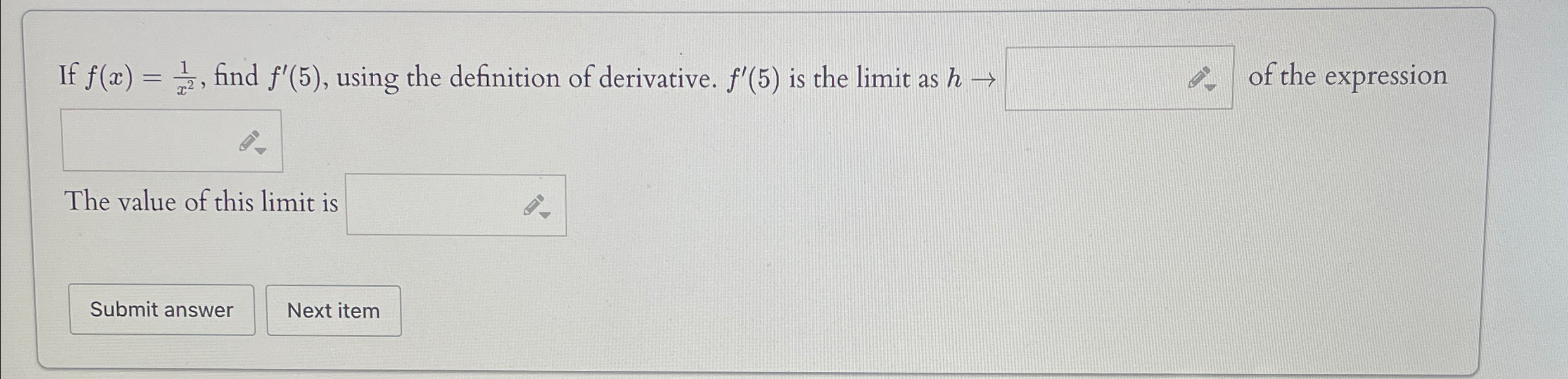 Solved If f(x)=1x2, ﻿find f'(5), ﻿using the definition of | Chegg.com