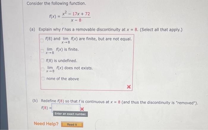 Solved Consider the following function. f(x)=x−8x2−17x+72 | Chegg.com