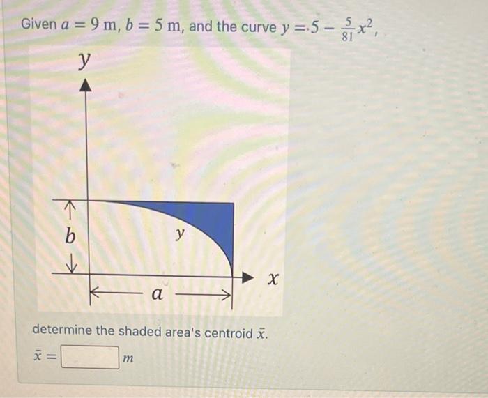 Solved Given a=9 m,b=5 m, and the curve y=5−815x2, determine | Chegg.com