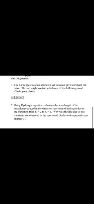 Solved Post Law 1. The flame spectra of an unknown salt | Chegg.com
