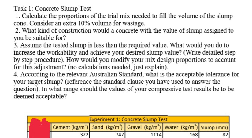 Solved Task 1: Concrete Slump Test 1. Calculate the | Chegg.com
