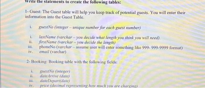 Solved Write the statements to create the following tables: | Chegg.com
