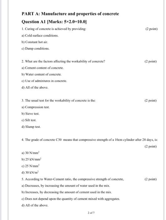 Solved PART A: Manufacture and properties of concrete | Chegg.com