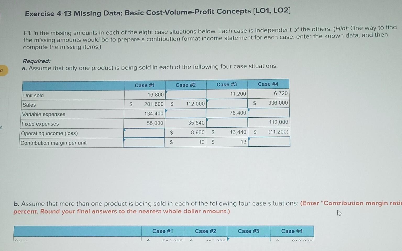 Solved Exercise 4-13 Missing Data; Basic Cost-Volume-Profit | Chegg.com