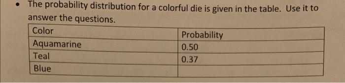 Solved The probability distribution for a colorful die is | Chegg.com