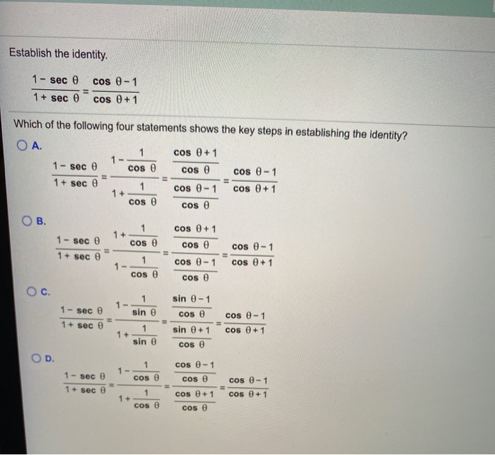 Solved Establish the identity. 1 - sec 0 1 + sec cos 0-1 cos | Chegg.com