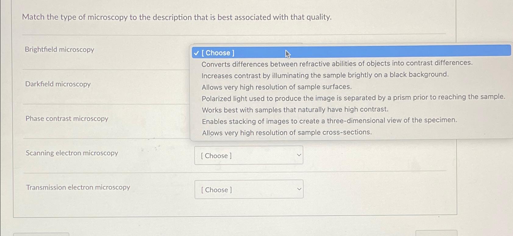 Solved Match the type of microscopy to the description that | Chegg.com
