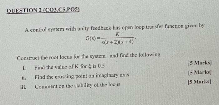 Solved QUESTION 2 (CO3,C5,P05) A control system with unity | Chegg.com