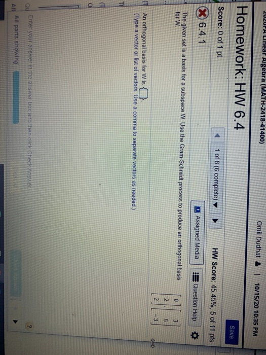 Solved 2020-A Linear Algebra (MATH-2418-41400) Omil Dudhat & | Chegg.com
