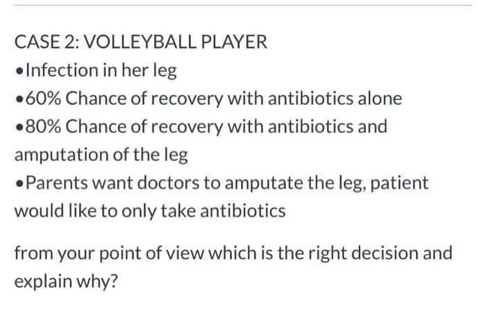Solved CASE 2: VOLLEYBALL PLAYER • Infection in her leg •60% | Chegg.com