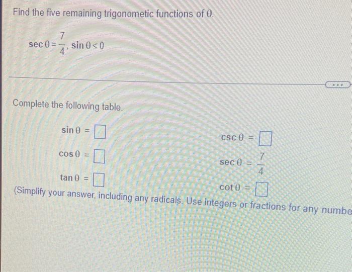 Solved Find the five remaining trigonometic functions of θ. | Chegg.com