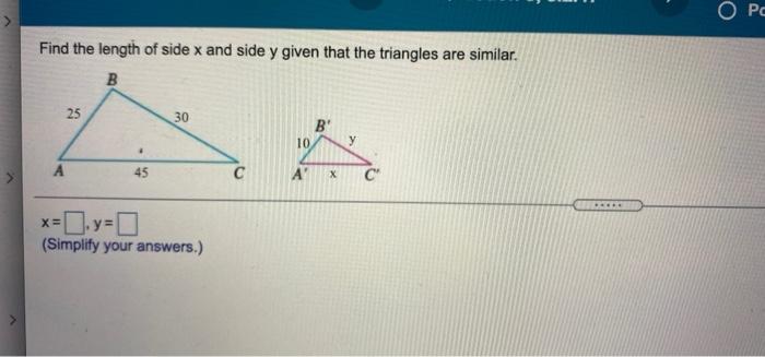 Solved Find the length of side x and side y given that the | Chegg.com