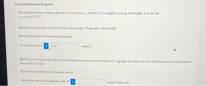 Solved The Dubois formula relates a person's surface area, | Chegg.com