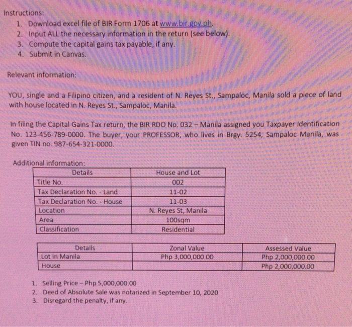 Solved Instructions: 1. Download excel file of BIR Form 1706 | Chegg.com
