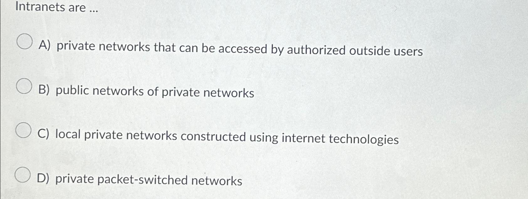 Solved Intranets are ...A) ﻿private networks that can be | Chegg.com
