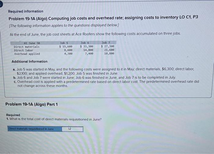 Solved Problem 19-1A (Algo) Computing job costs and overhead | Chegg.com