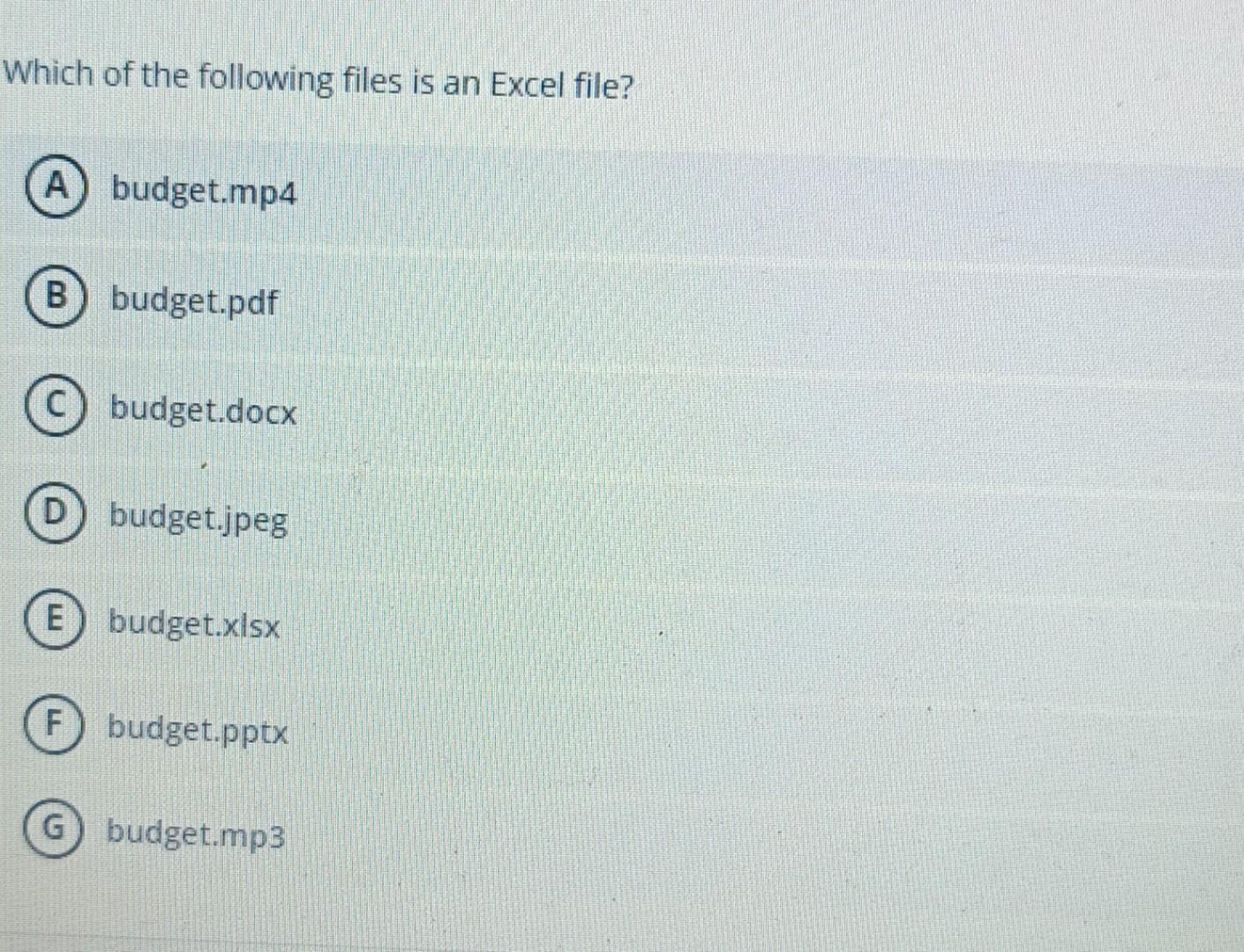 Solved Which of the following files is an Excel file? | Chegg.com