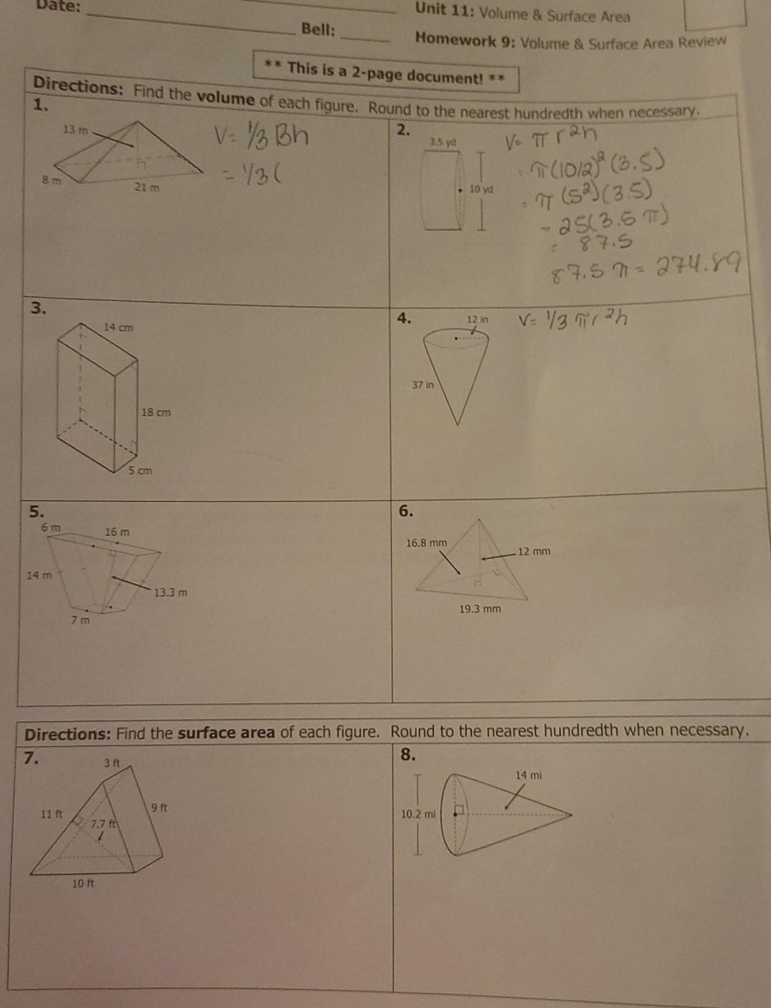 Solved Date Bell Unit 11 Volume Surface Area Homework Chegg