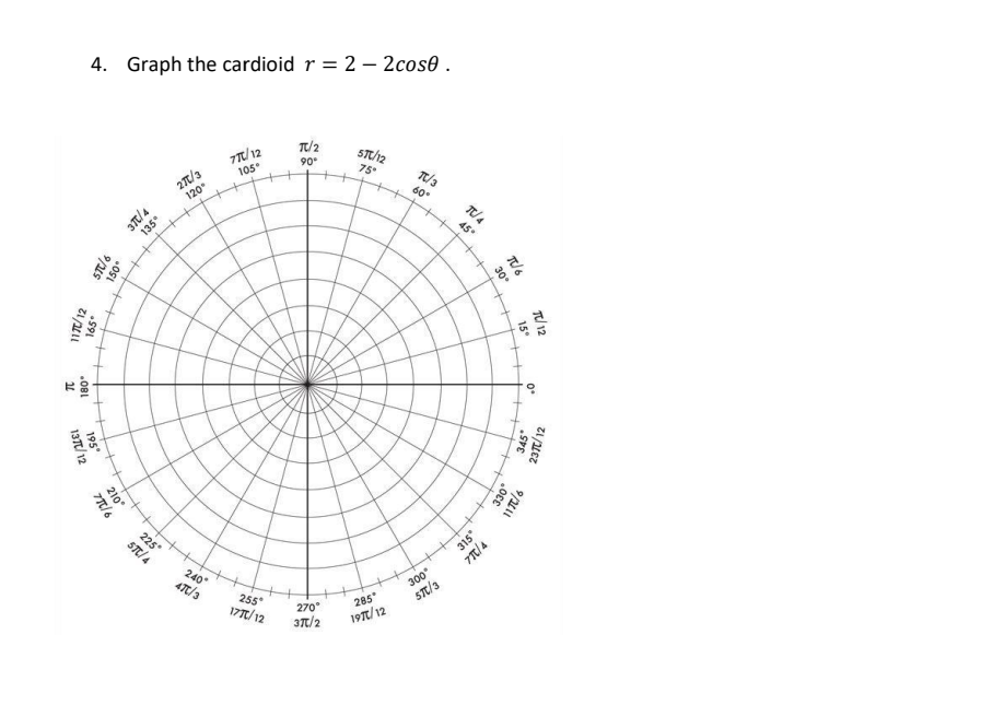 Solved 4. Graph the cardioid r = 22cose. TT/2 STU/12 75° | Chegg.com