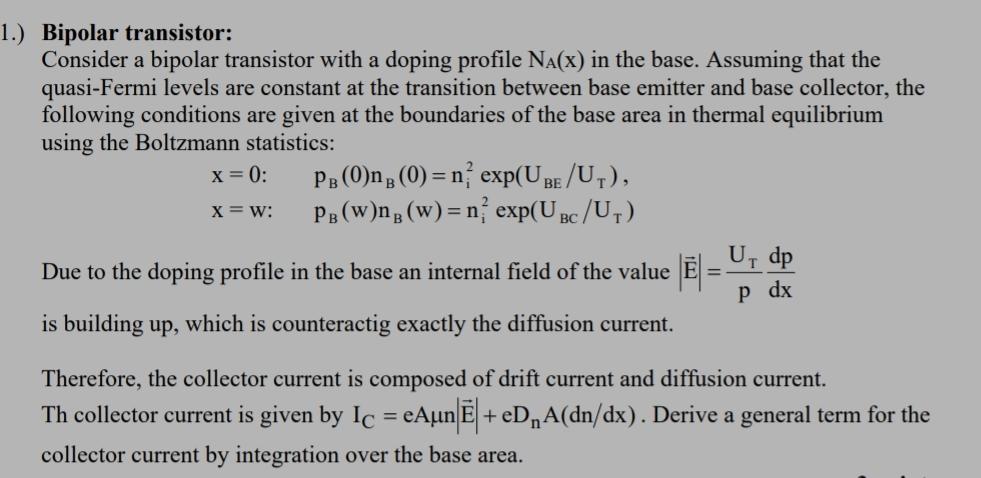 Solved 1.) ﻿Bipolar transistor:Consider a bipolar transistor | Chegg.com