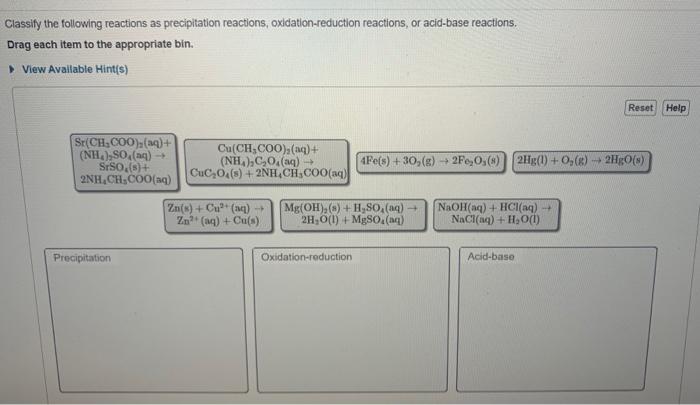 Solved Classify the following reactions as precipitation | Chegg.com