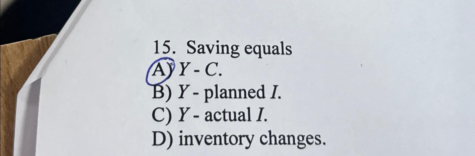 Solved Saving equalsA) Y-C.B) Y - ﻿planned I.C) Y - ﻿actual | Chegg.com