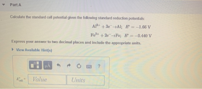 Solved Part A Calculate the standard cell potential given | Chegg.com