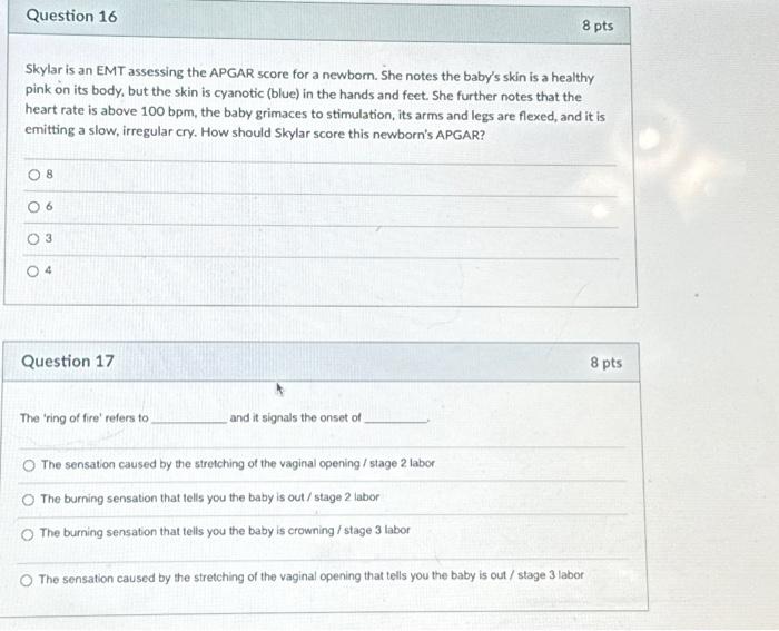 Solved Skylar is an EMT assessing the APGAR score for a | Chegg.com