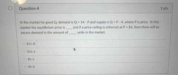 Solved In the market for good Q, demand is Q=14 - P and | Chegg.com