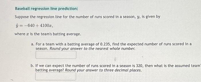 Solved Baseball regression line prediction: Suppose the | Chegg.com