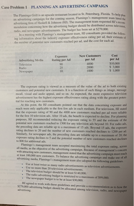 Case Problem 1 PLANNING AN ADVERTISING CAMPAIGN The | Chegg.com