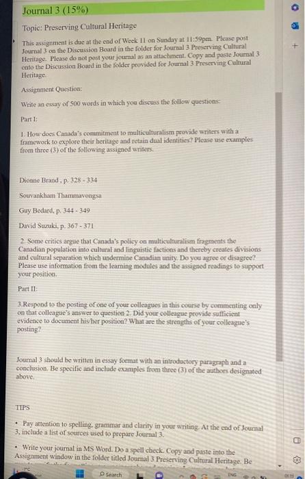 Journal 3(15%) Topic: Preserving Cultural Heritage | Chegg.com