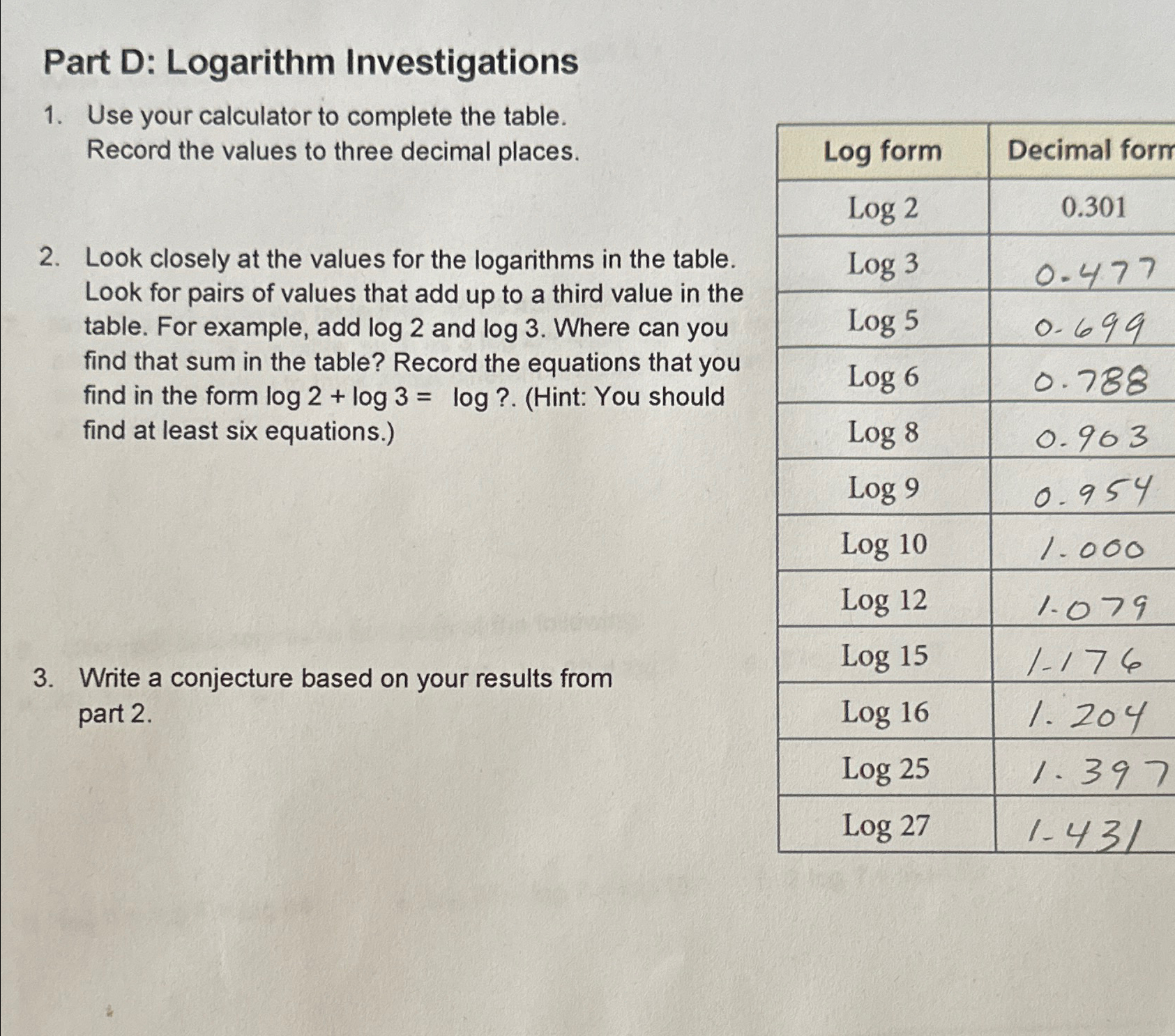 Solved Part D: Logarithm InvestigationsUse your calculator | Chegg.com