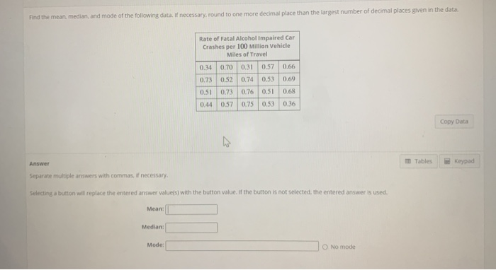 Solved Find the mean median, and mode of the following data. | Chegg.com