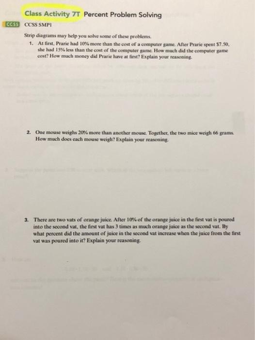 Solved Class Activity T Percent Problem Solving CC53 CCSS | Chegg.com