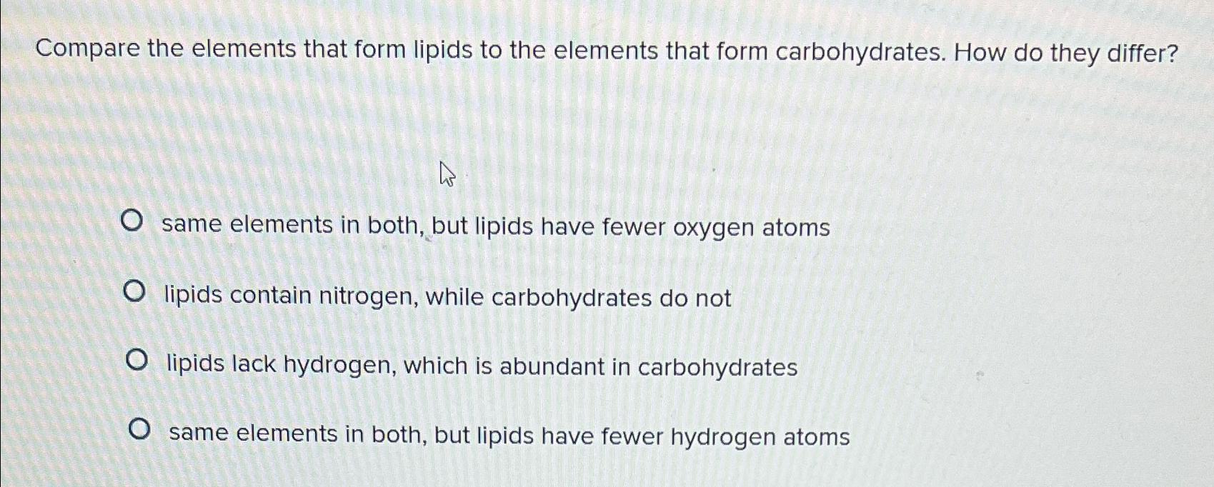 Solved Compare the elements that form lipids to the elements | Chegg.com Solved Compare the elements that form lipids to the elements | Chegg.com