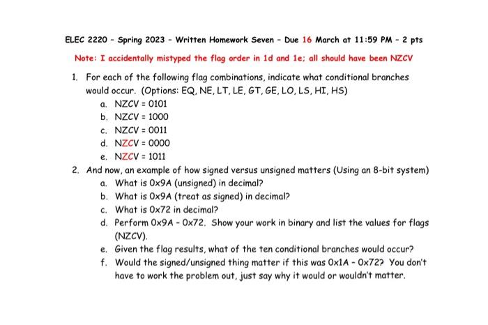Solved 1. For each of the following flag combinations, | Chegg.com