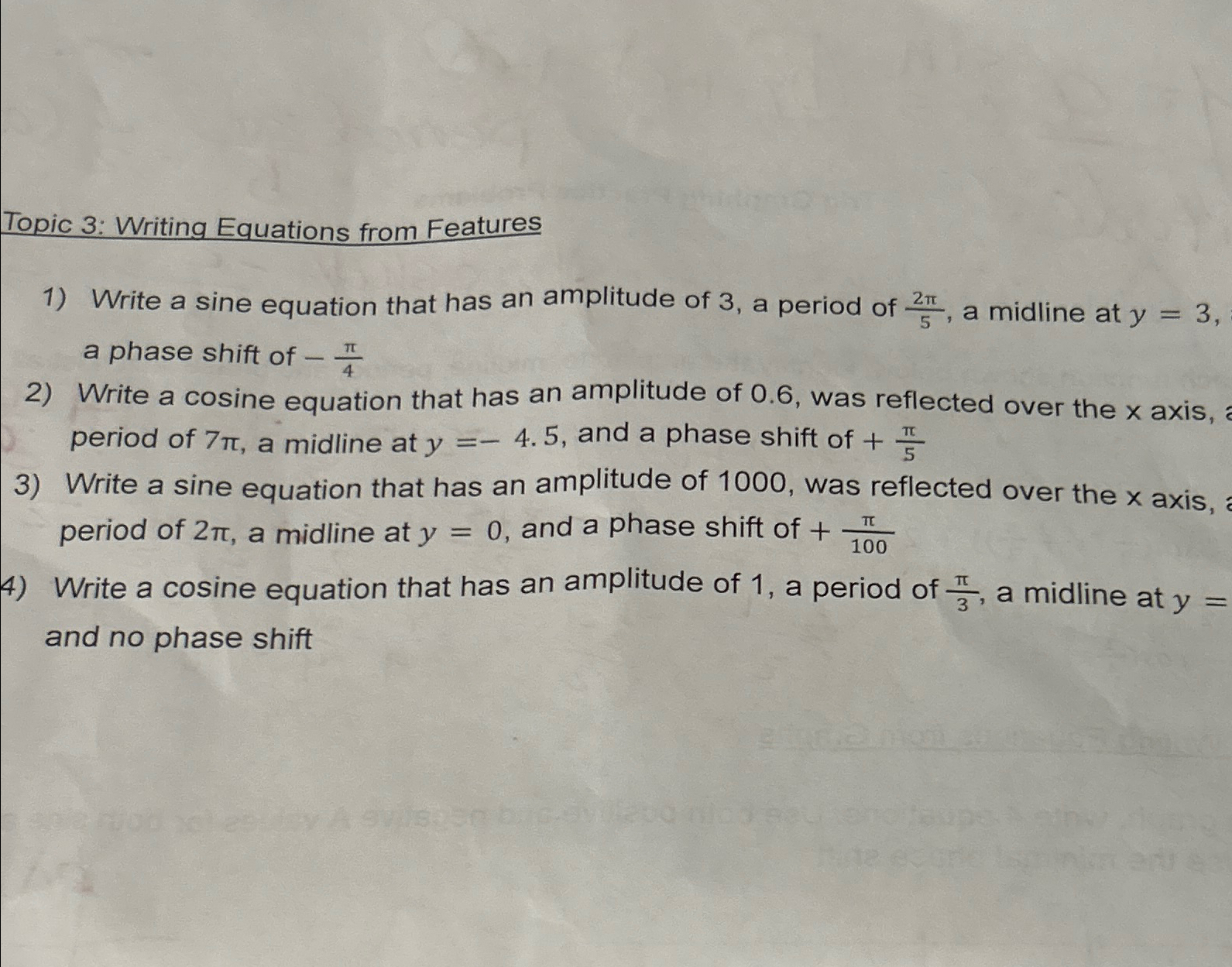 Topic 3: Writing Equations from FeaturesWrite a sine | Chegg.com