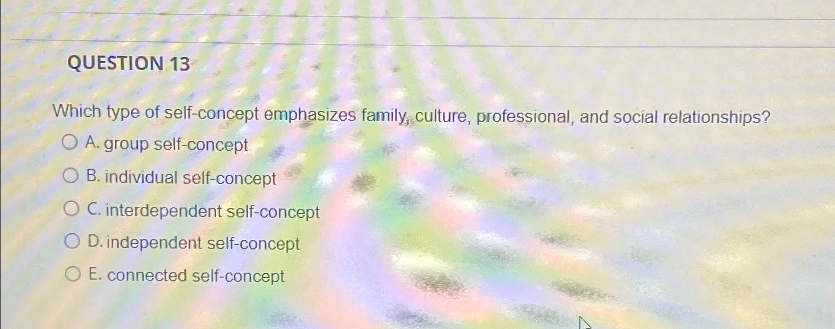 Solved QUESTION 13Which type of self-concept emphasizes | Chegg.com