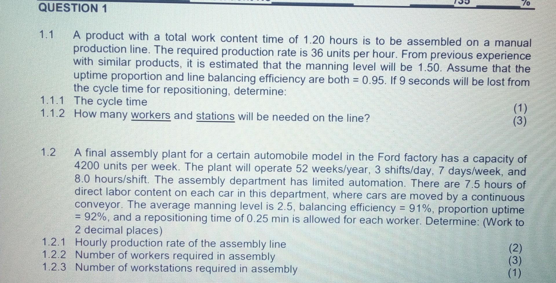 Solved 1.1 A product with a total work content time of 1.20 | Chegg.com