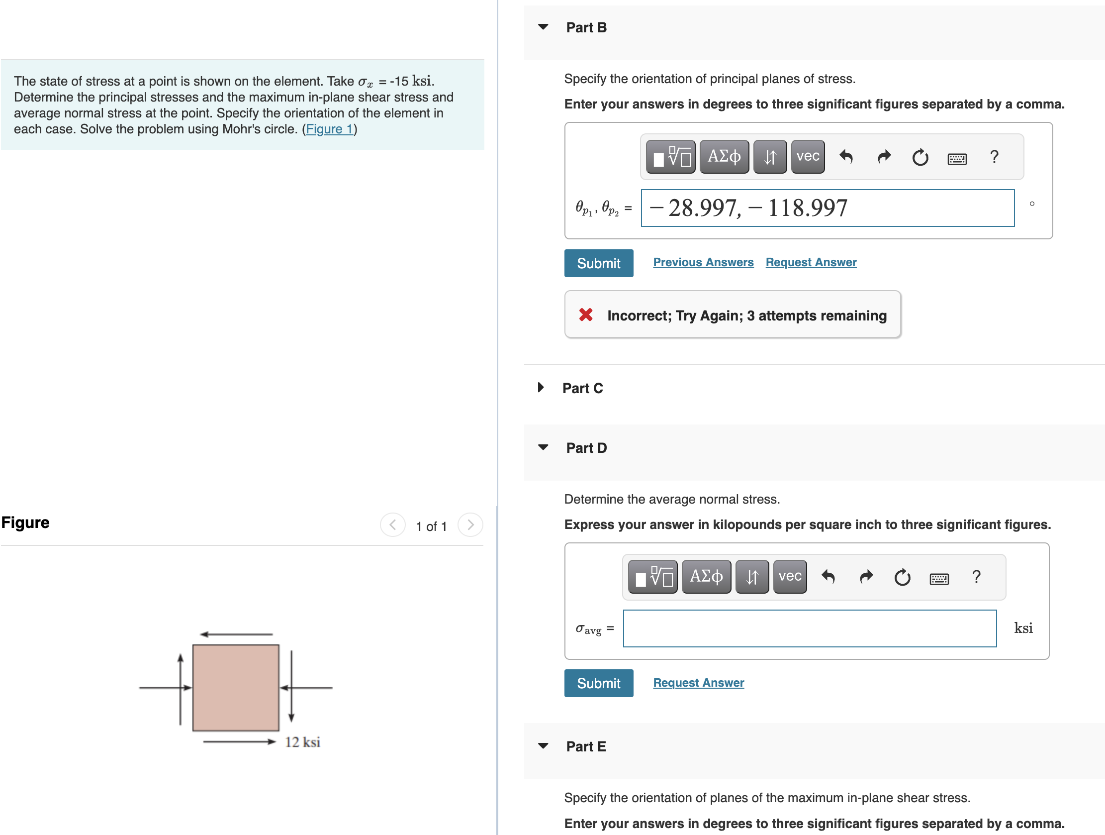 Solved Part BThe state of stress at a point is shown on the | Chegg.com