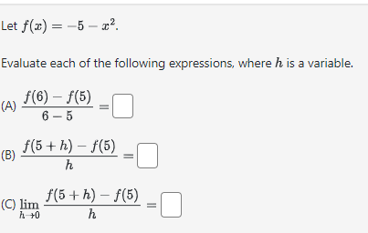 Solved Let f(x)=-5-x2.Evaluate each of the following | Chegg.com