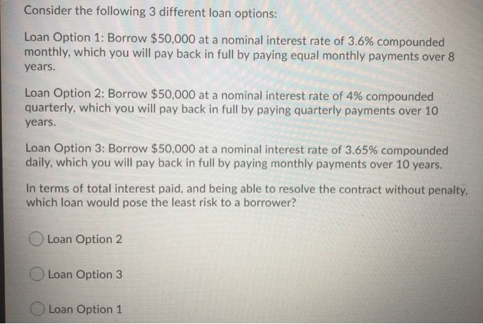 Solved Consider the following 3 different loan options: Loan | Chegg.com